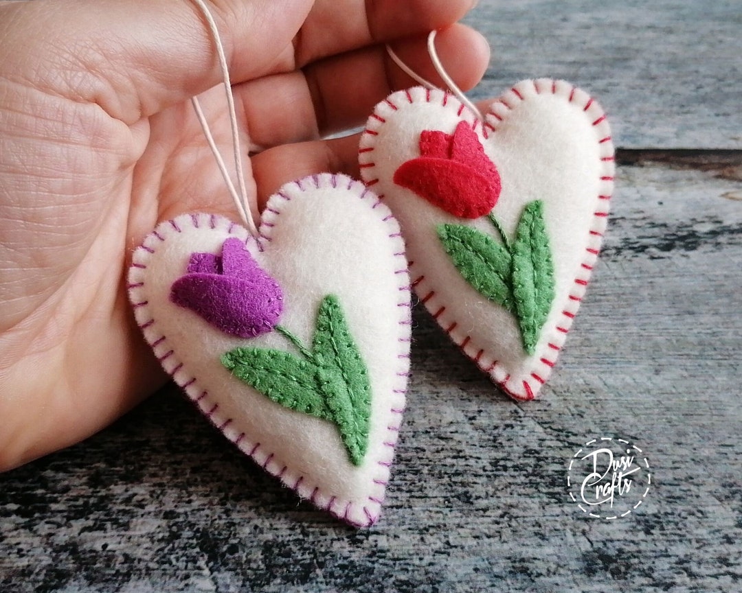 Small Heart Ornament With Tulips Floral Wool Felt Heart - Etsy
