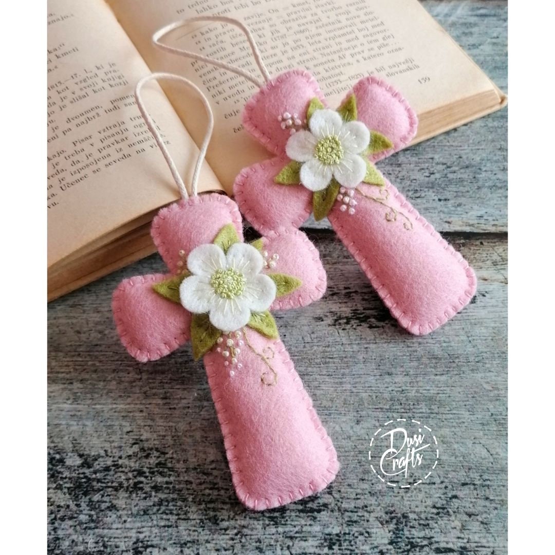 Pink Wool Felt Cross Ornament With Flowers, Resurrection Cross, White ...
