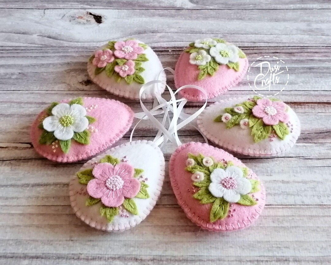 NEW / Set of 6 Floral Easter Eggs, Wool Felt Easter Decor Ornaments for ...