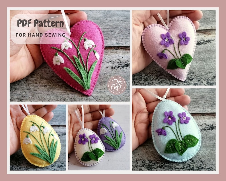 BUNDLE of 7 Felt Floral Heart Ornaments PDF Tutorials & Patterns for ...