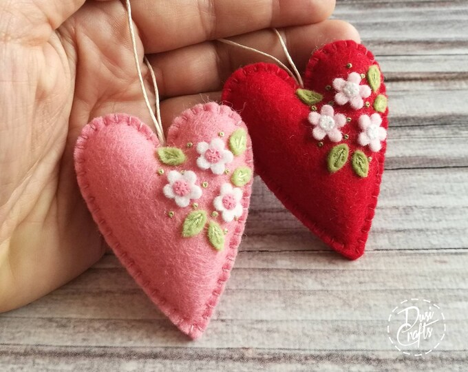 Small Pastel Pink Heart Ornaments With Flowers, Floral Heart, Wool Felt ...
