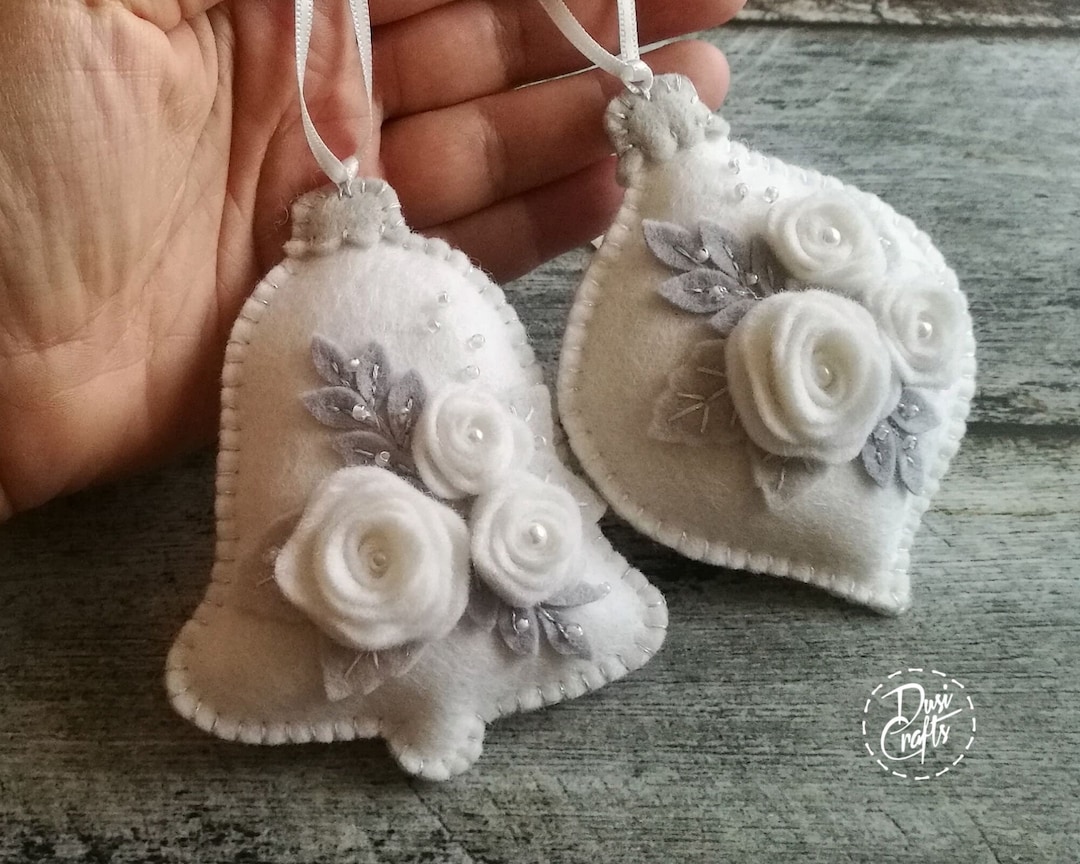Wool Felt White Floral Bell Bauble Ornament With Roses and Grey Leaves ...