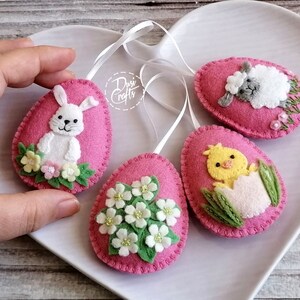 Easter Bunny, Chick and Spring Flowers Felt Egg Ornaments / Set of 3 ...