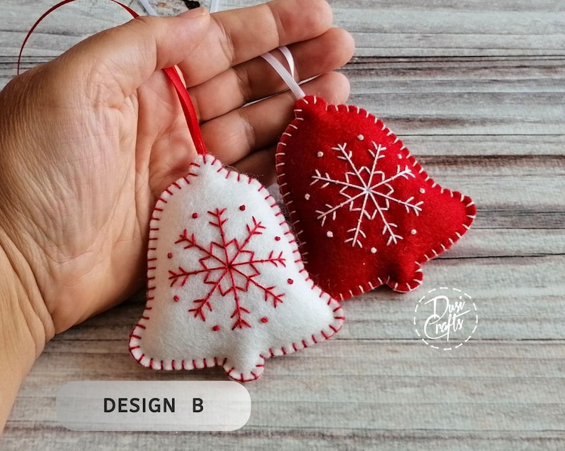 Set of 2 Felt Christmas Bell Ornaments With Snowflake Hand Embroidery ...