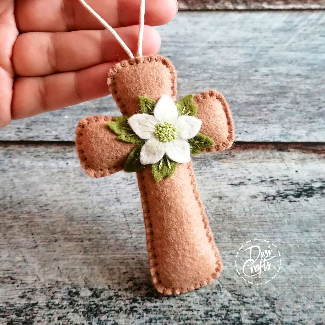 NEW / Brown or Yellow Wool Felt Cross Ornament With Flowers ...