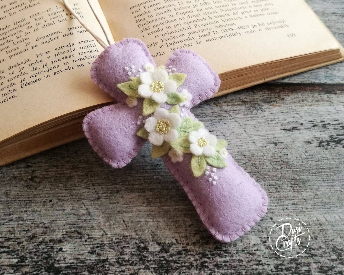 Wool Felt Cross Ornament With Flowers Lilac or Pink - Etsy