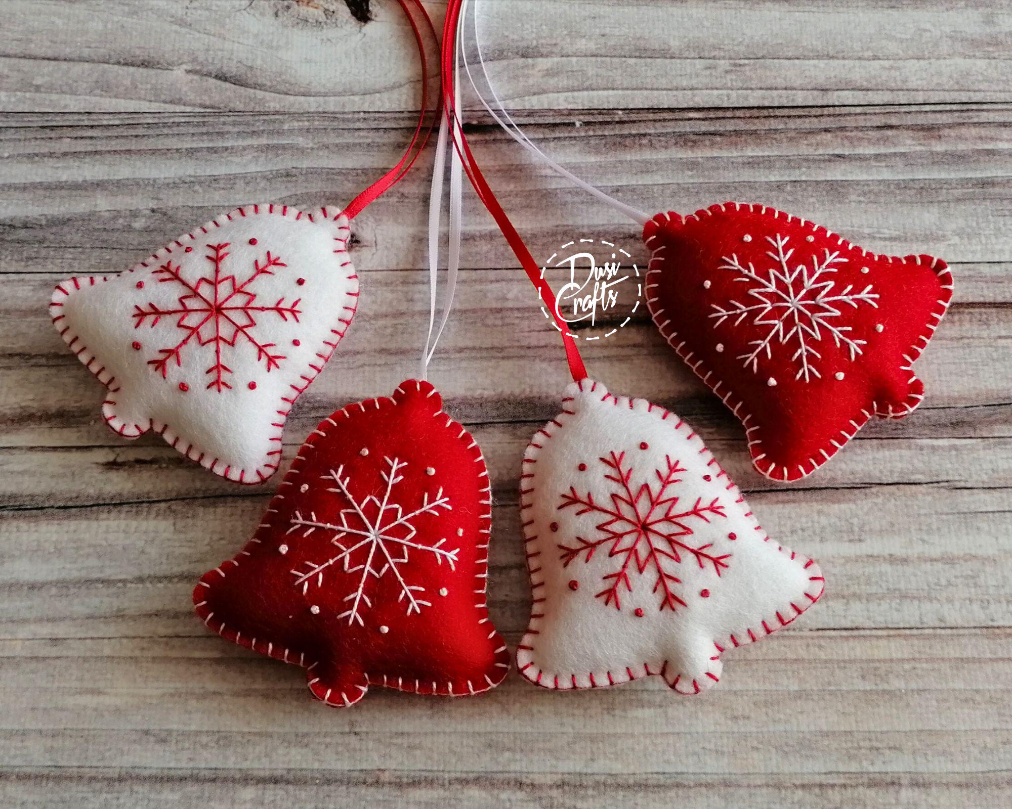 Set of 2 Felt Christmas Bell Ornaments With Snowflake Hand Embroidery ...