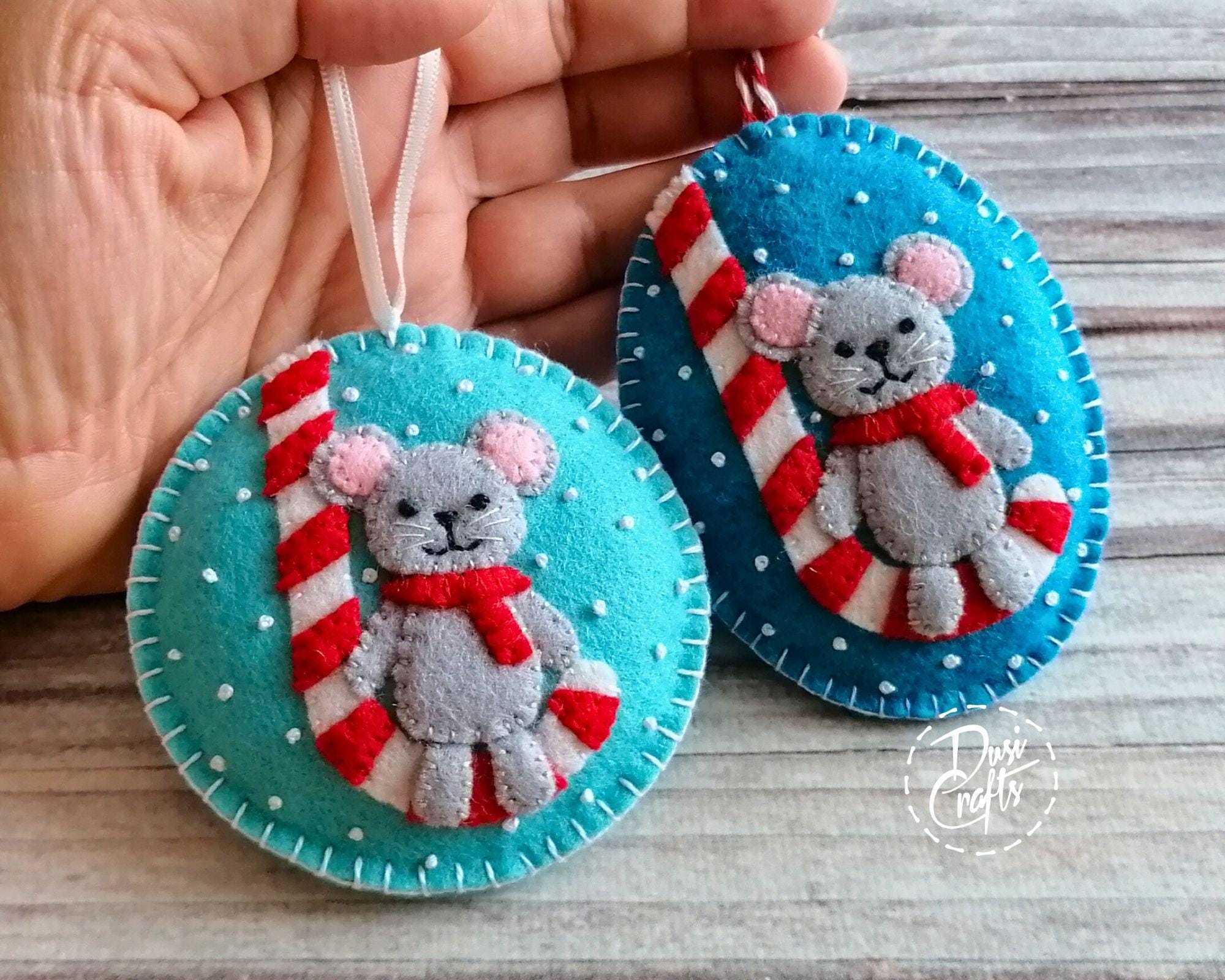 Oval Christmas Mouse on Candy Cane Felt Ornament With Dark Blue ...