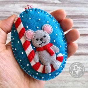 Oval Christmas Mouse on Candy Cane Felt Ornament With Dark Blue ...