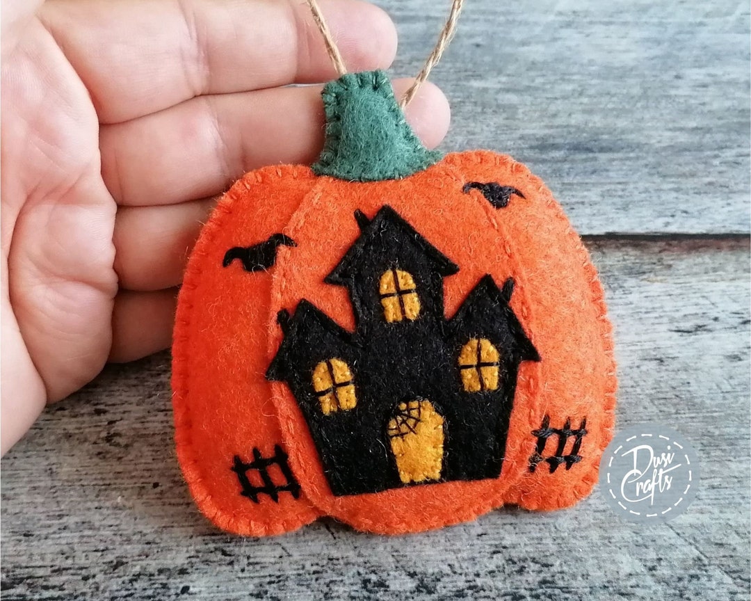 Halloween Pumpkin Ornament With Haunted House Motif, Wool Felt Fall ...
