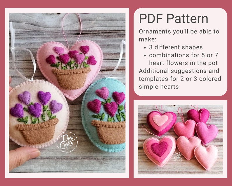 Pattern for Felt Heart Flower Pots Ornaments, PDF Hand Sewing Tutorial ...