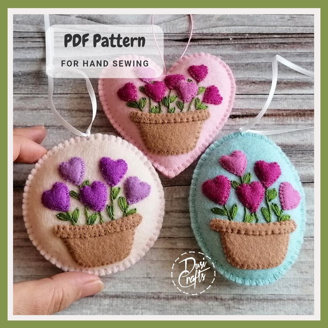 Pattern for Felt Heart Flower Pots Ornaments, PDF Hand Sewing Tutorial ...