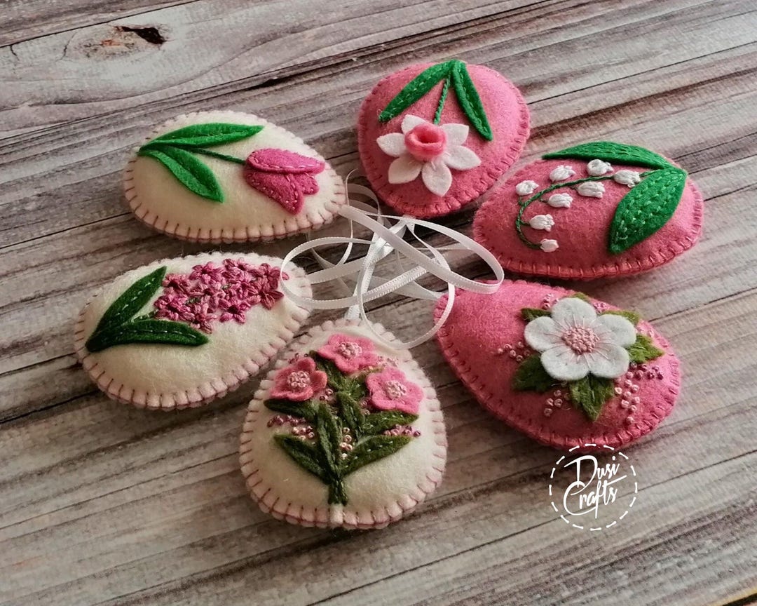 Set of 6 Wool Felt Easter Egg Ornaments, Pink and Ivory Spring ...