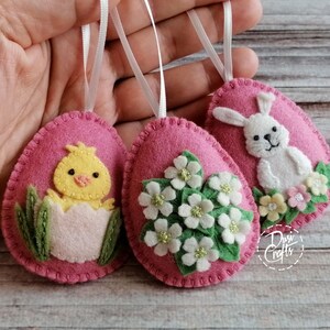 Easter Bunny, Chick and Spring Flowers Felt Egg Ornaments / Set of 3 ...
