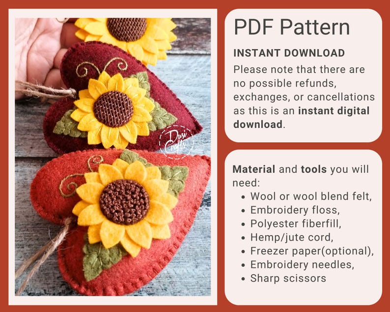 PDF Pattern for Felt Sunflower Heart Ornaments, Hand Sewing Tutorial ...