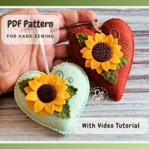 Felt Sunflower Heart Ornaments PDF Tutorial & Pattern for Hand Sewing ...
