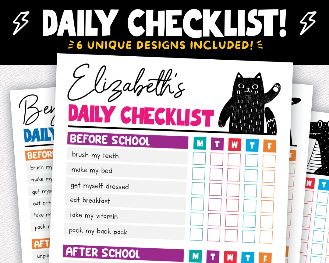 Editable Chore Chart for Kids Daily School Checklist Schedule Printable ...