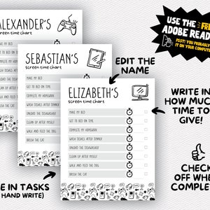 Screen Time Chart Bundle Screen Time Chore Chart Editable Chart for ...