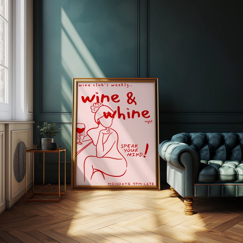 Wine & Whine Digital Print Aesthetic Kitchen Poster, Vintage, Food Wine ...