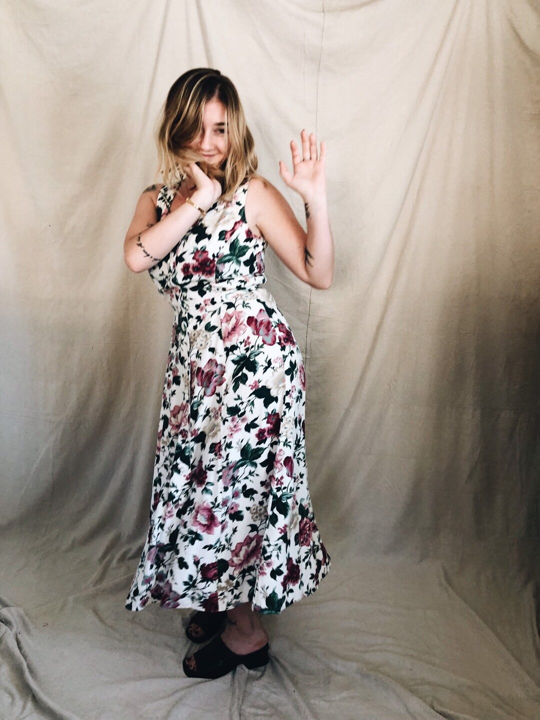 90's Roses Pink and Green Victorian Floral Maxi White Dress - Etsy