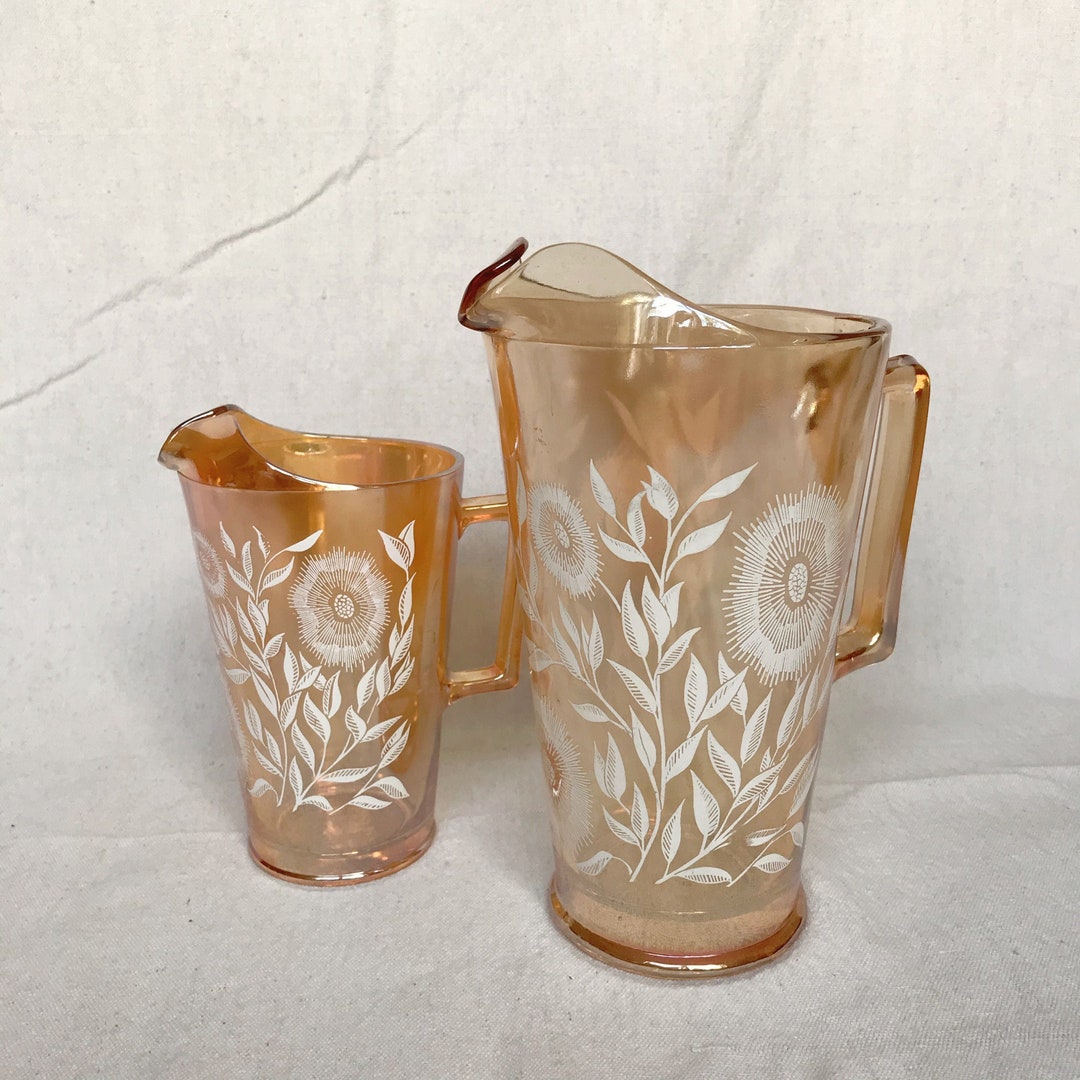 Peach Carnival Glass Floral Pitcher Set - Mini Pitcher and Standard ...