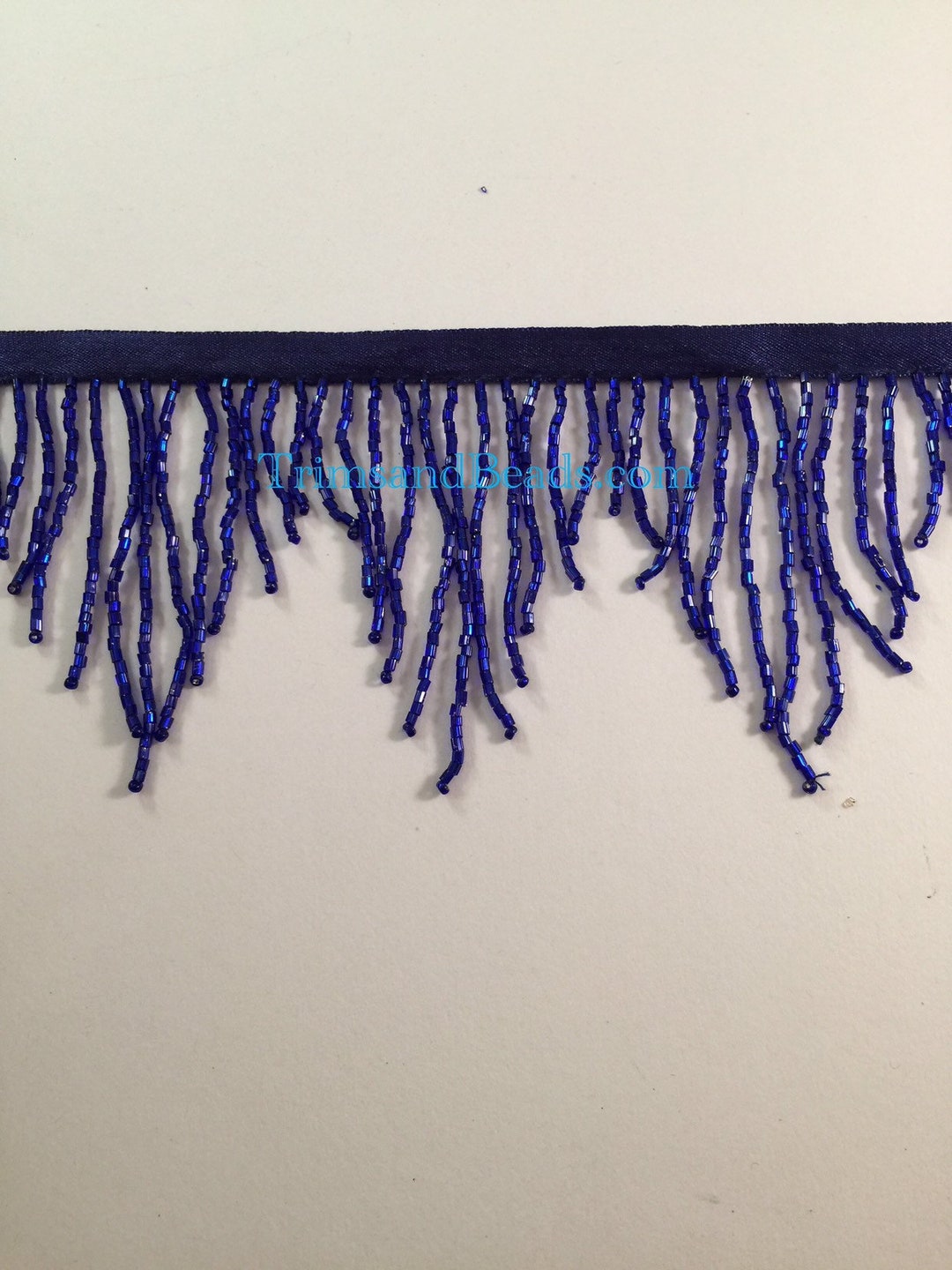 3 DARK Royal Blue Glass CHEVRON Beaded BUGLE Bead Fringe Lamp Costume ...