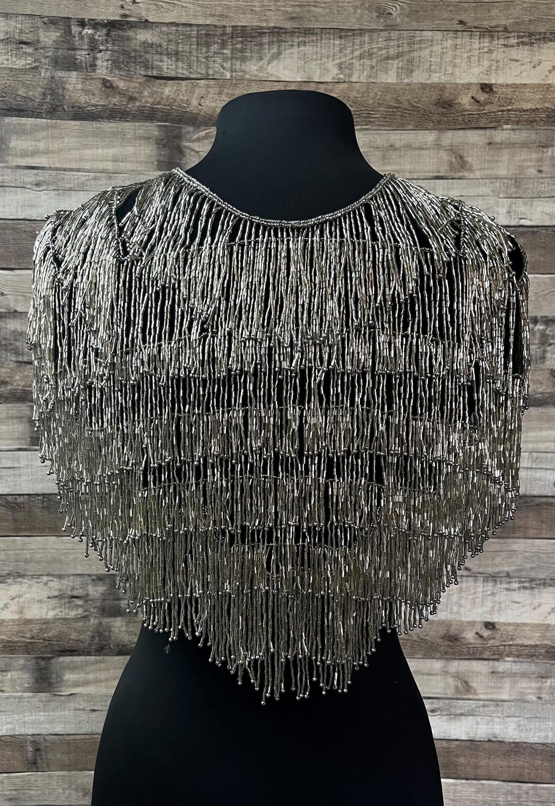 SILVER All Glass Beaded Fringe Collar Shoulder Shrug Shawl Applique ...