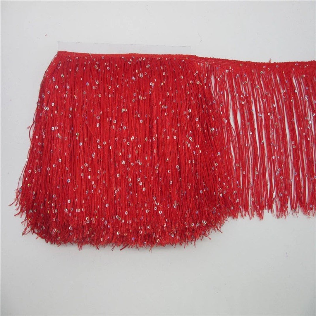 By the Yard-8" RED With SILVER Laser Sequins CHAINETTE Fabric Fringe ...