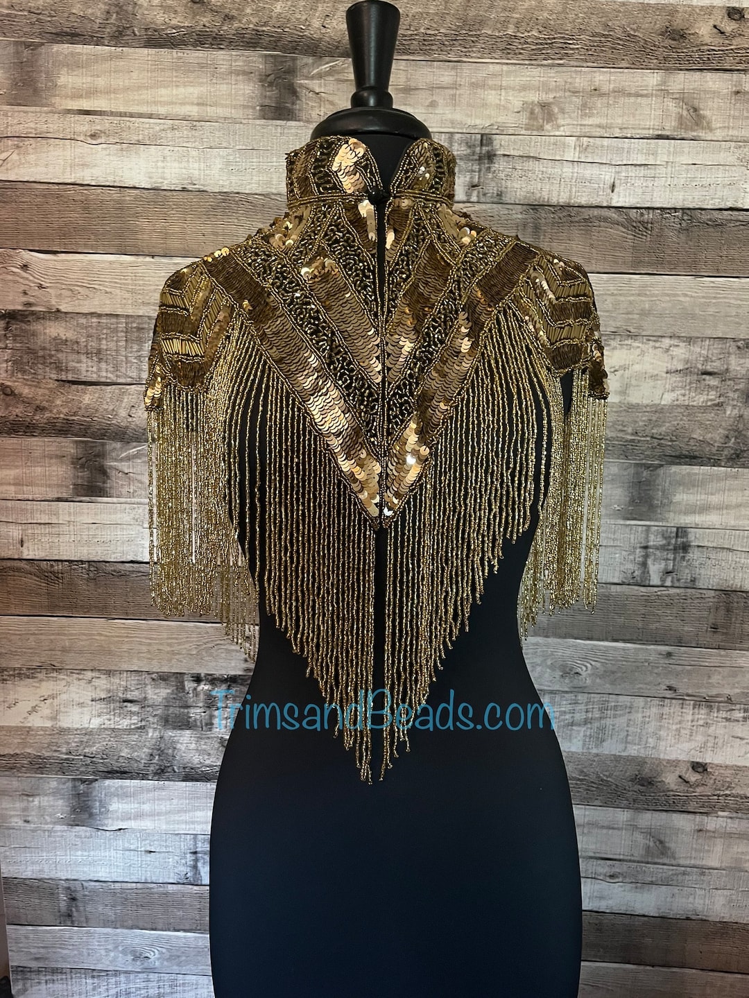 Gold Fringe Sequin Glass Beaded & Sequin Collar Shoulder Shrug Shawl ...