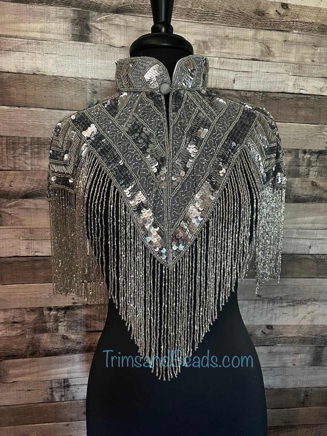 SILVER Fringe Sequin Glass Beaded & Sequin Collar Shoulder Shrug Shawl ...