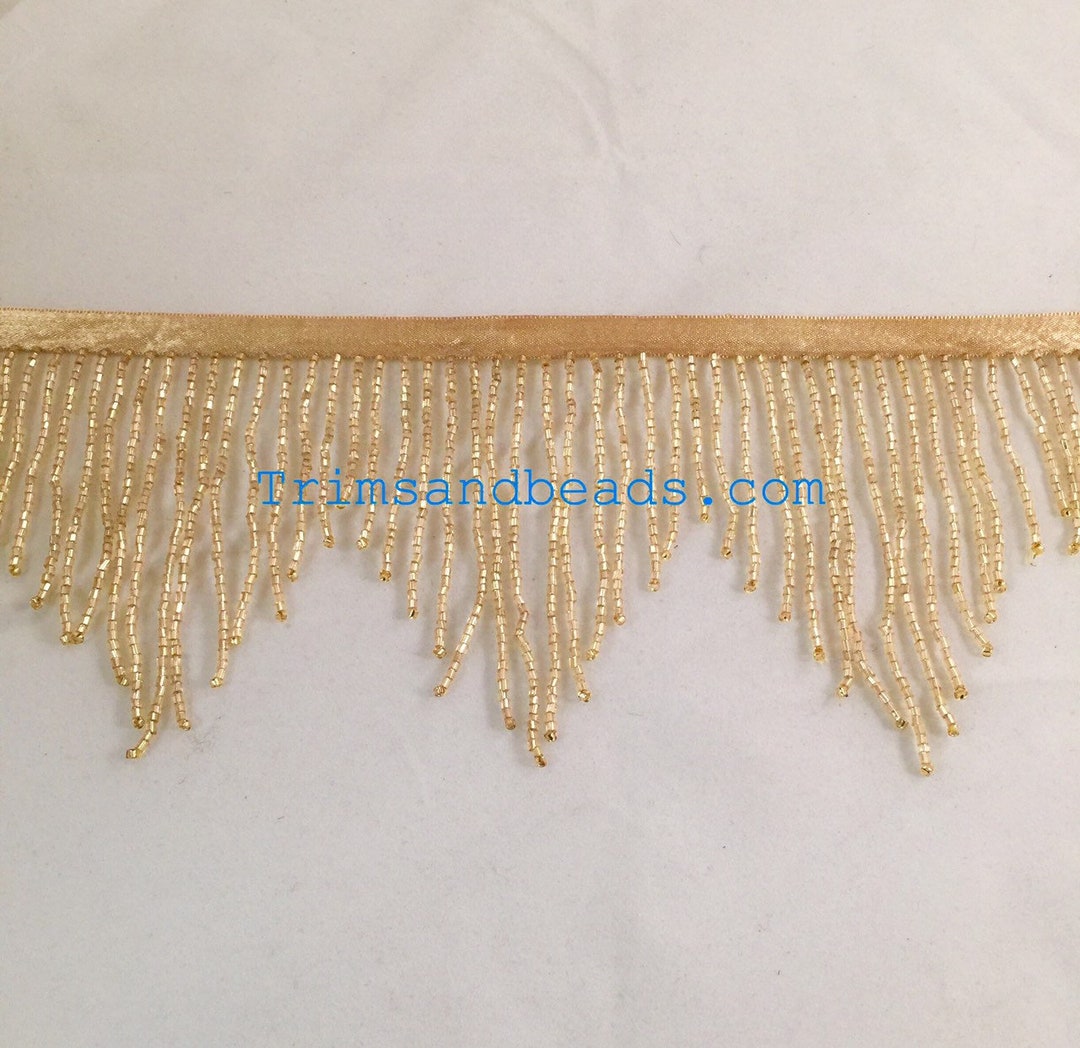 4" GOLD Glass CHEVRON Bugle Bead Beaded Fringe Lamp Costume Trim ...