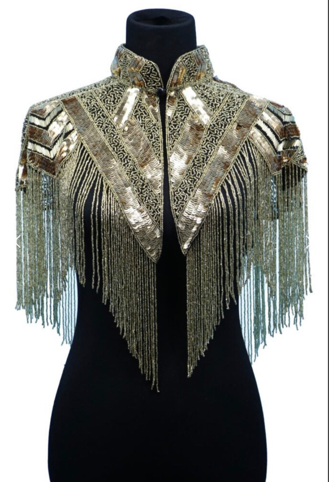 Gold Fringe Sequin Glass Beaded & Sequin Collar Shoulder Shrug Shawl ...
