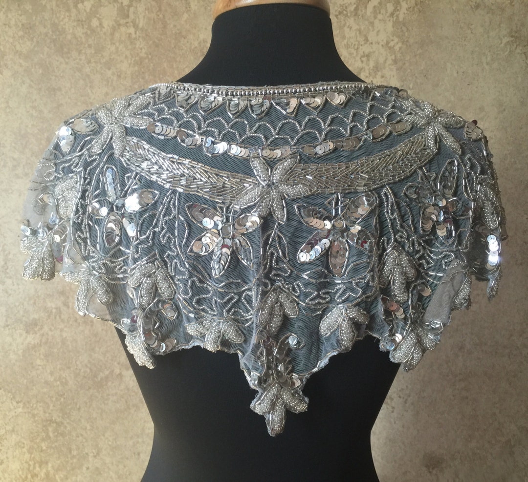 Sequin Glass Beaded & Sequin Lace Collar Shoulder Shrug Shawl Applique ...
