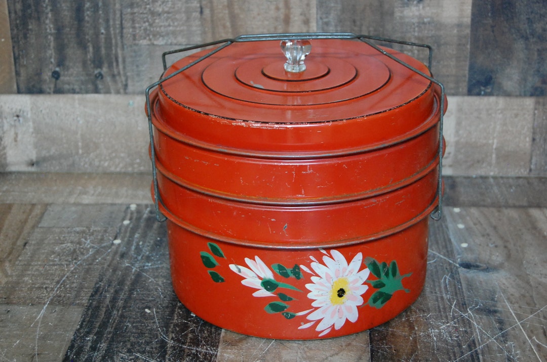 Vintage Food Container, 1940's Metal Food Container, 3 Section Metal ...