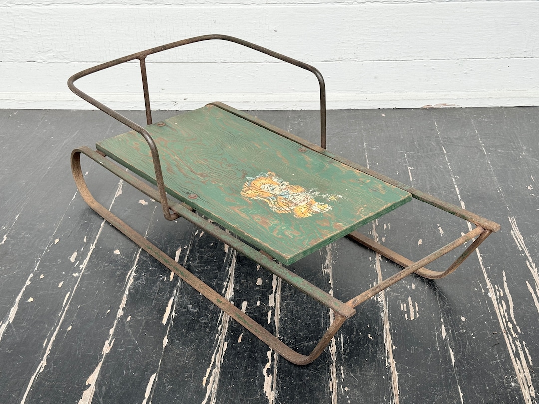 Antique Sled ~ Unusual Piece, One of a Kind ~ Green With Teddy Bear ...