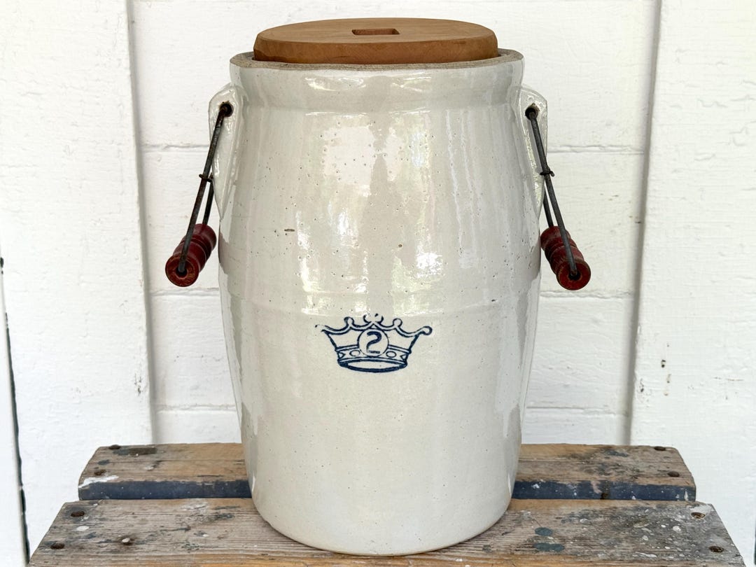 Crock ~ 2 Gallon Blue Crown Crock With Wood Lid & Handles ~ Ransbottom ...