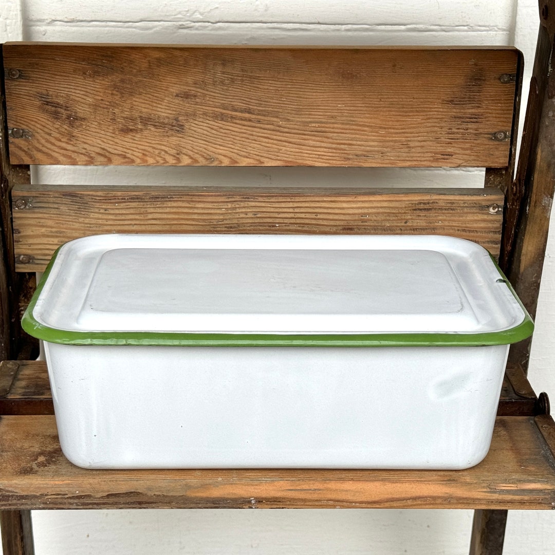 White Enamelware Fridge Dish With Lid ~ 12" Enamelware Box ~ White ...