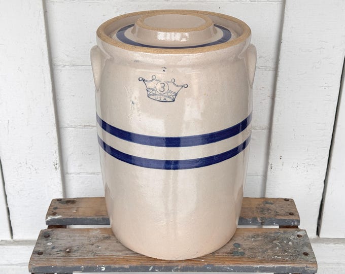 Crock ~ 3 Gallon Blue Crown Crock With Lid ~ Ransbottom Brothers Crock ...