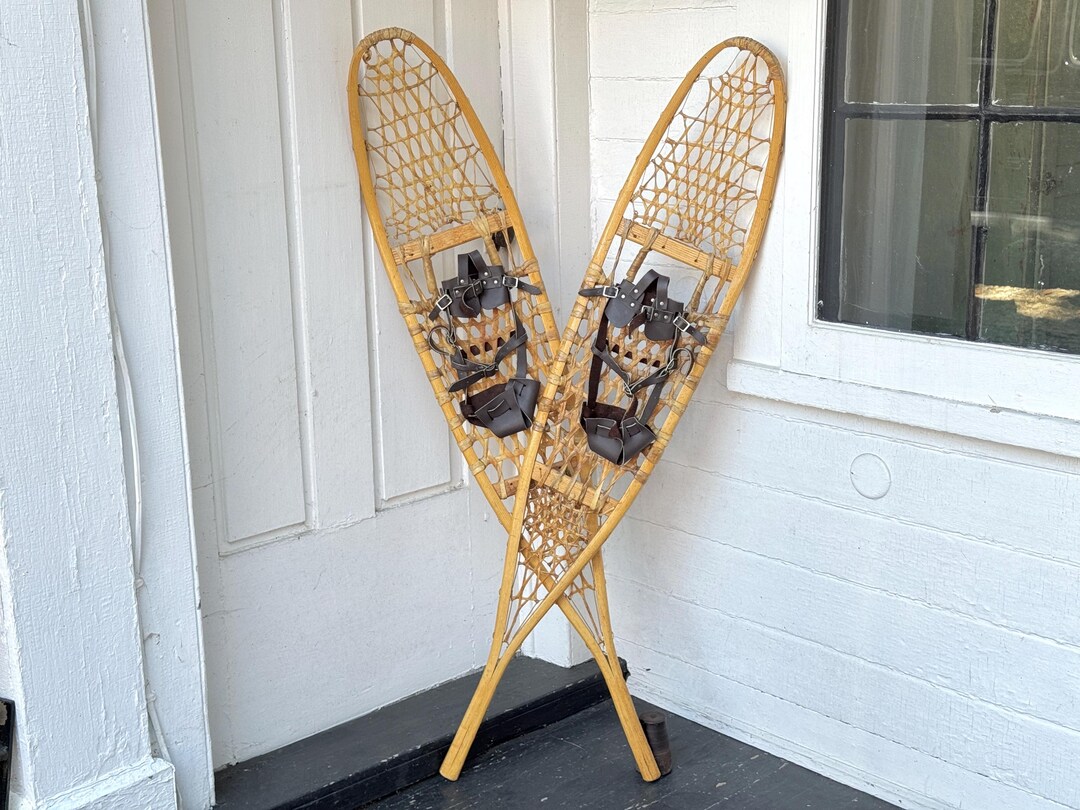 Snowshoes ~ Vintage Elongated Trail Snowshoes With Leather Bindings ...
