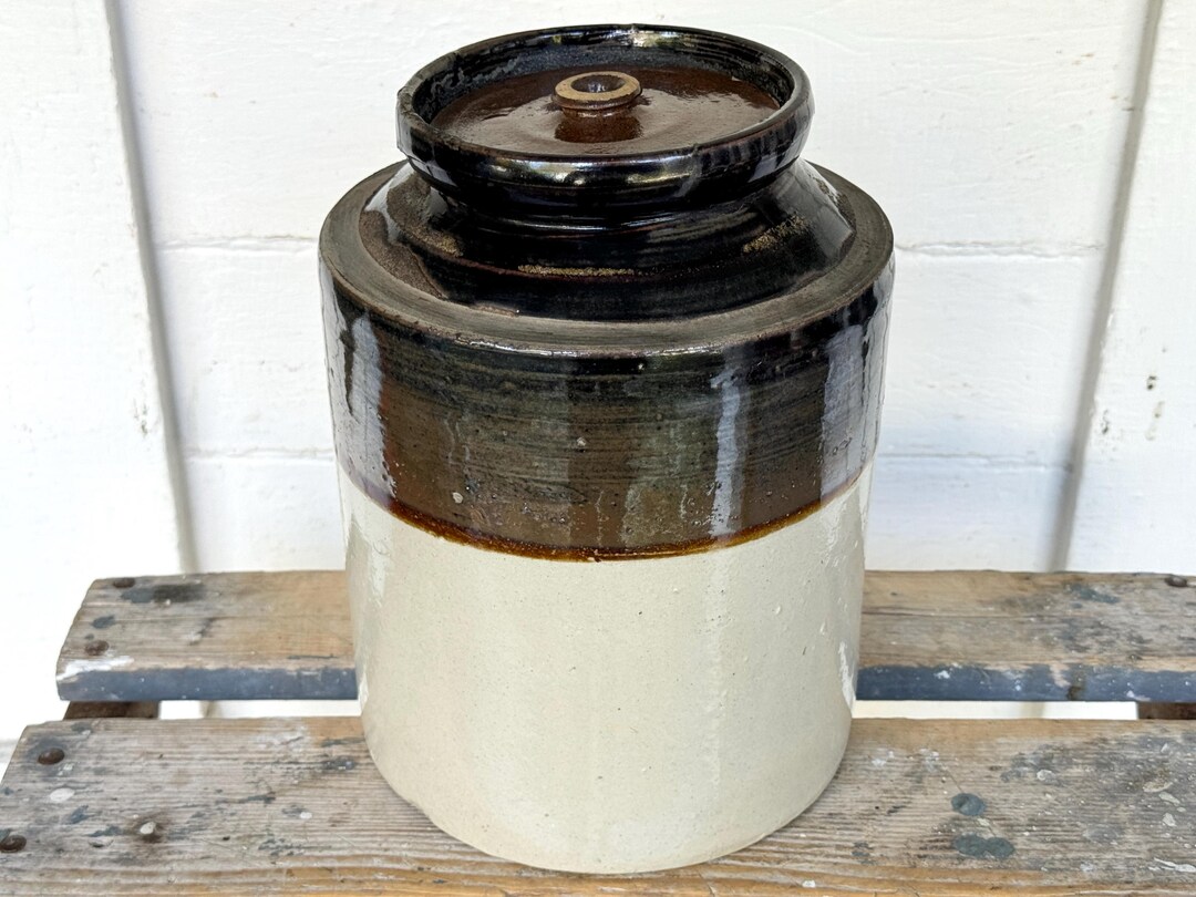 Antique Crock With Lid ~ Salt Glazed Crock ~ Unusual Shape ~ Pickling ...