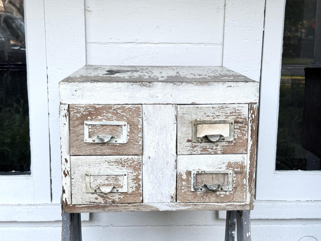 Card Catalog With Worn White Paint ~ 4 Drawer Library Card Catalog ...