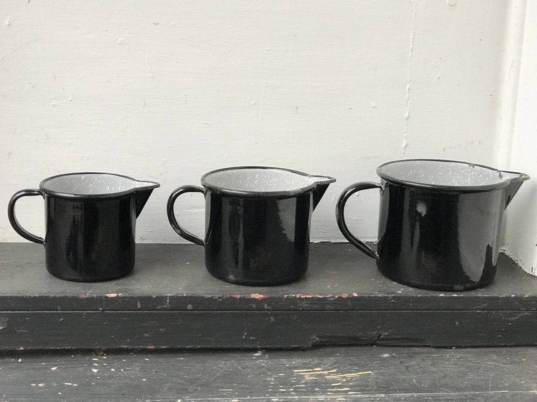 Trio of Pitchers ~ Black Enamelware Pitchers in Graduated Sizes ...