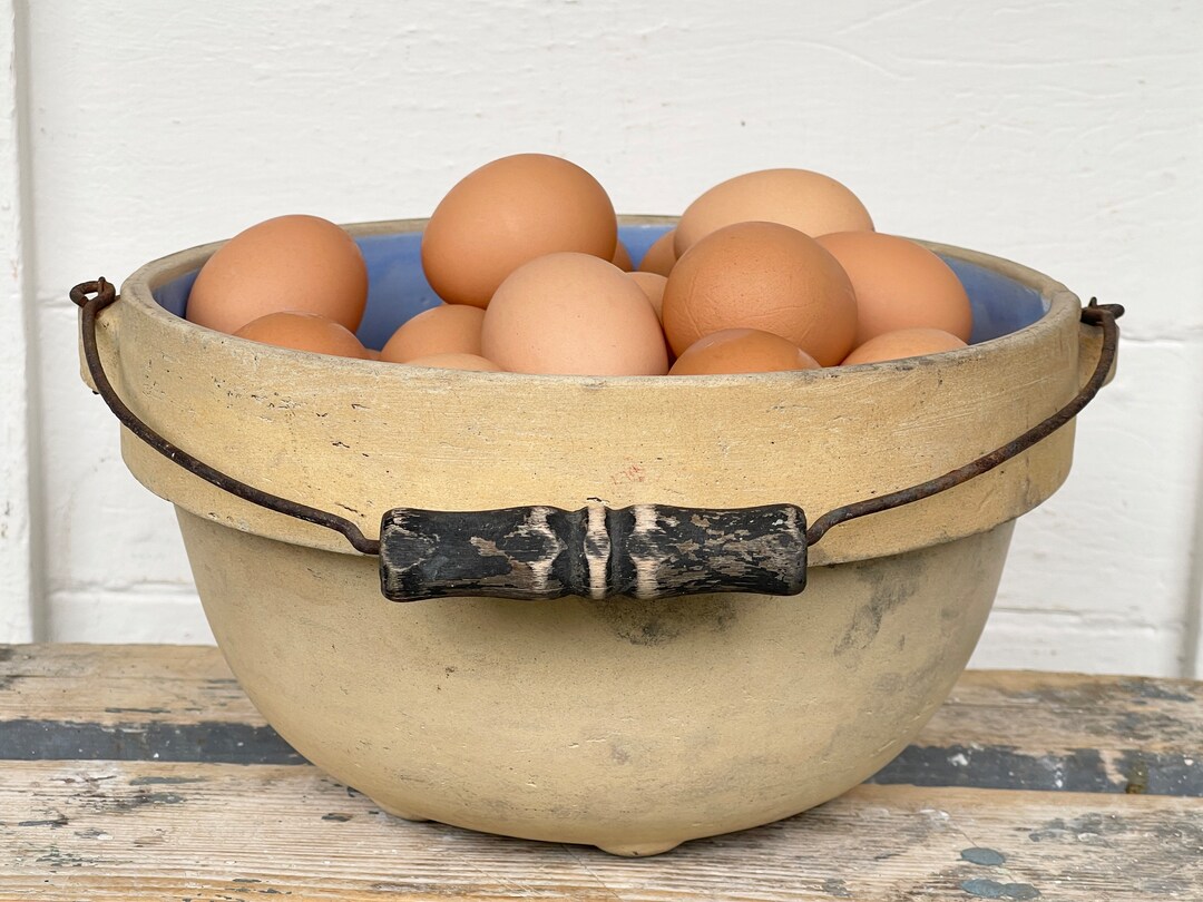 Antique Bowl ~ Stoneware Bowl With Bail Handle and Wood Grasp ~ French ...