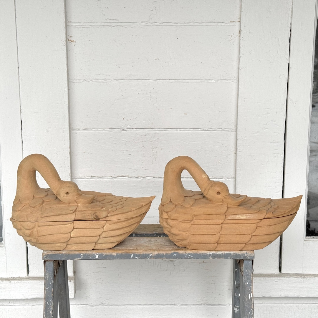 Vintage Arthur Court Carved Wood Swan Boxes ~ 1980s Hand Carved Swans ...