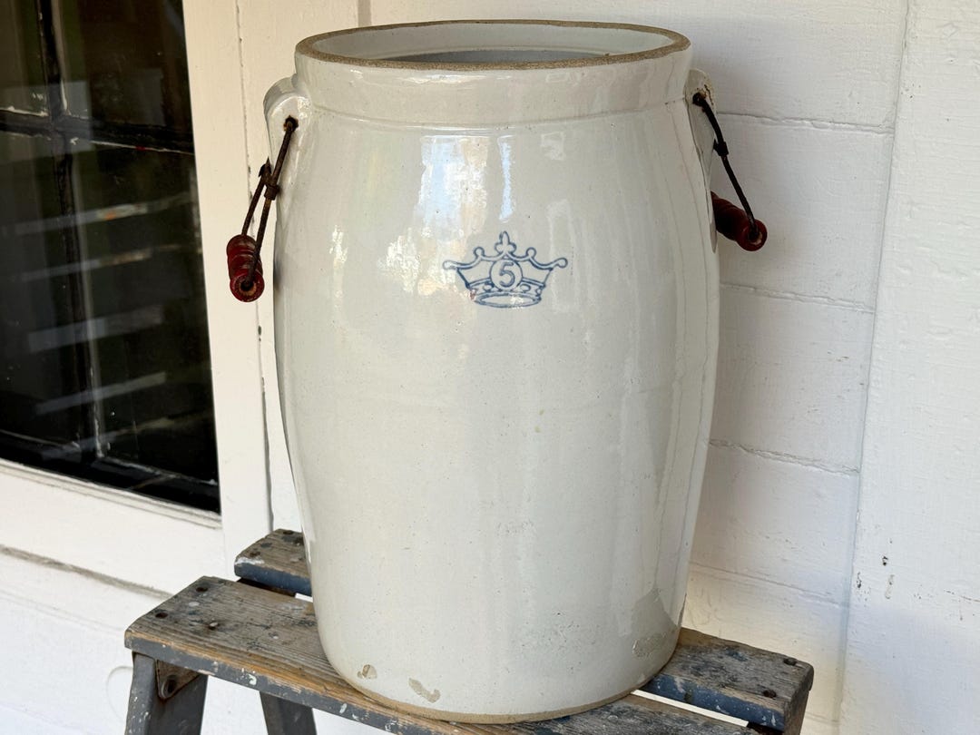 Vintage Crock ~ 5 Gallon Blue Crown Crock With Red Wooden Handles ...
