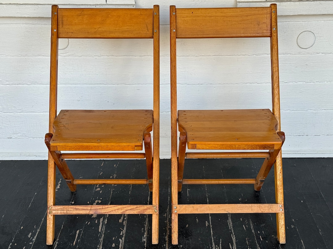 2 Oak Folding Chairs Snyder Chair Co Wood Folding Chairs Authentic Worn ...