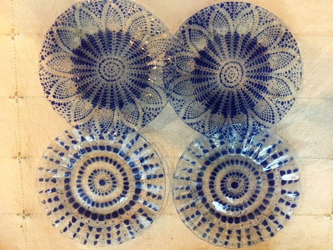 Cool Blues Cocktail Hour Snack Plates, Set of Four, Fused Glass Dessert ...