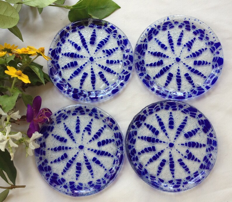 Wagon Wheel Coasters, Cool Fused Glass Coasters, Cobalt Blue Glass ...