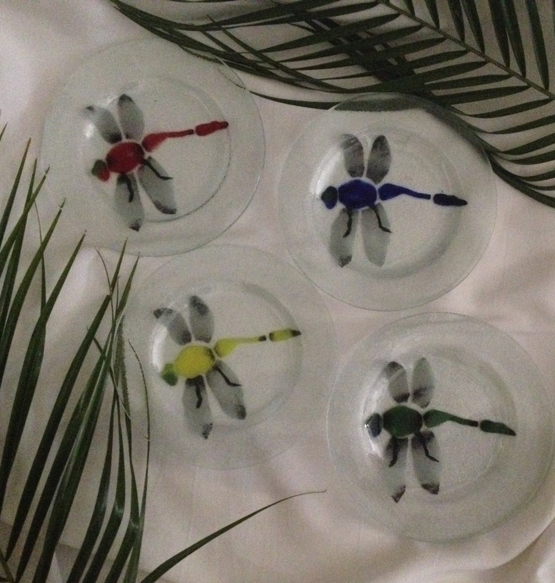 Four Dragon Fly Plate Set, Fused Glass Plates, Everglade's Dragonfly ...