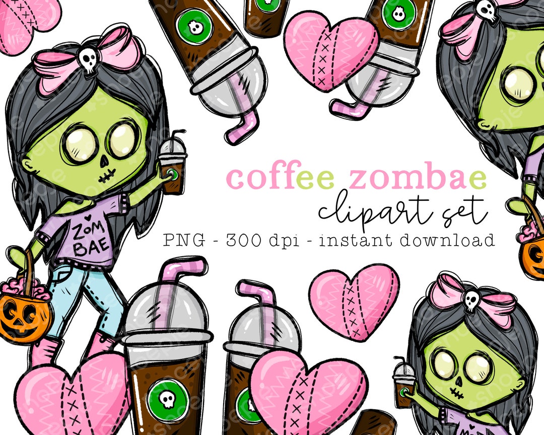 Coffee Zombae Pink Zombie Funny Latte Spooky Heart Halloween Clipart ...